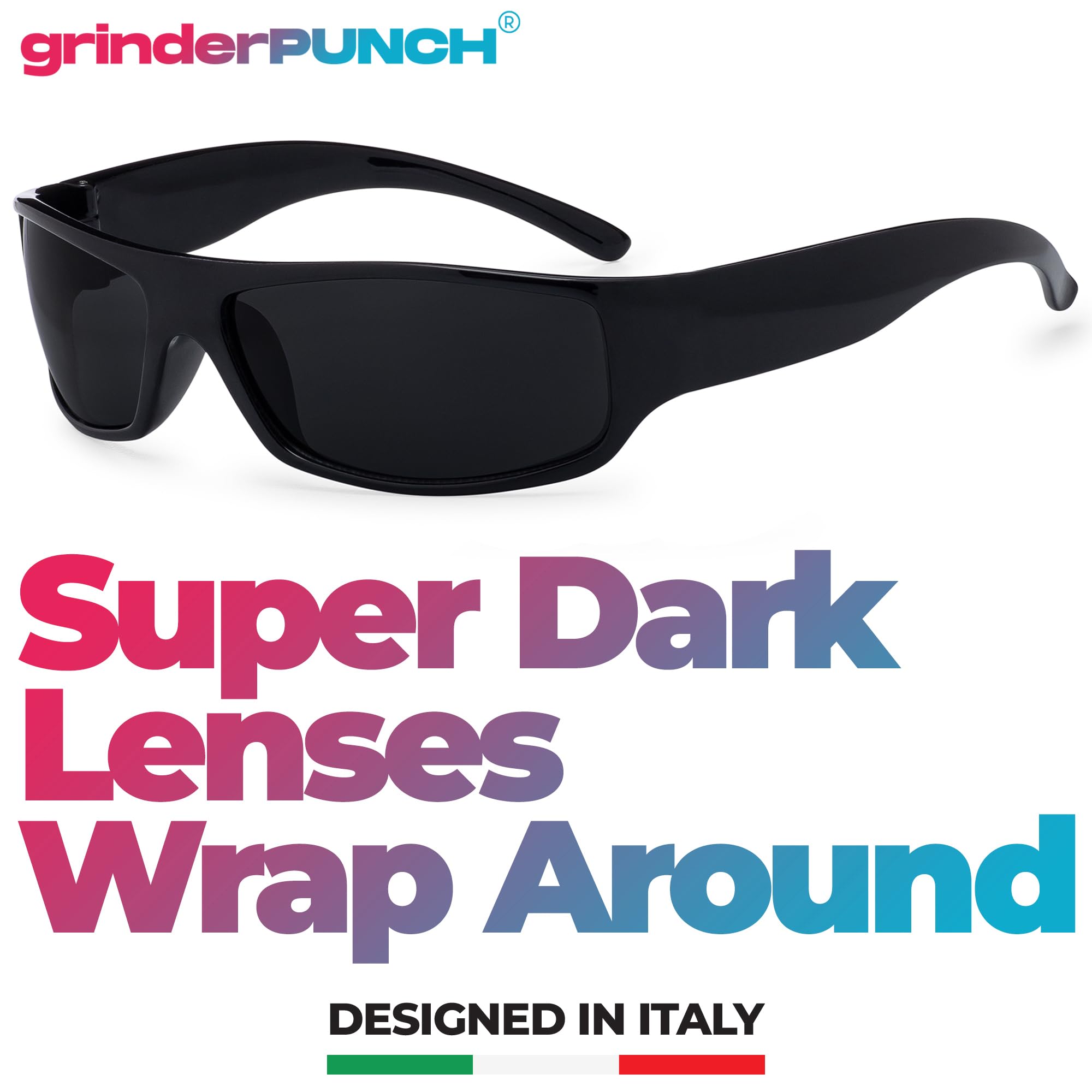 grinderPUNCH Mens Black Super Dark Sunglasses - Slim Wrap Around Gangster Style