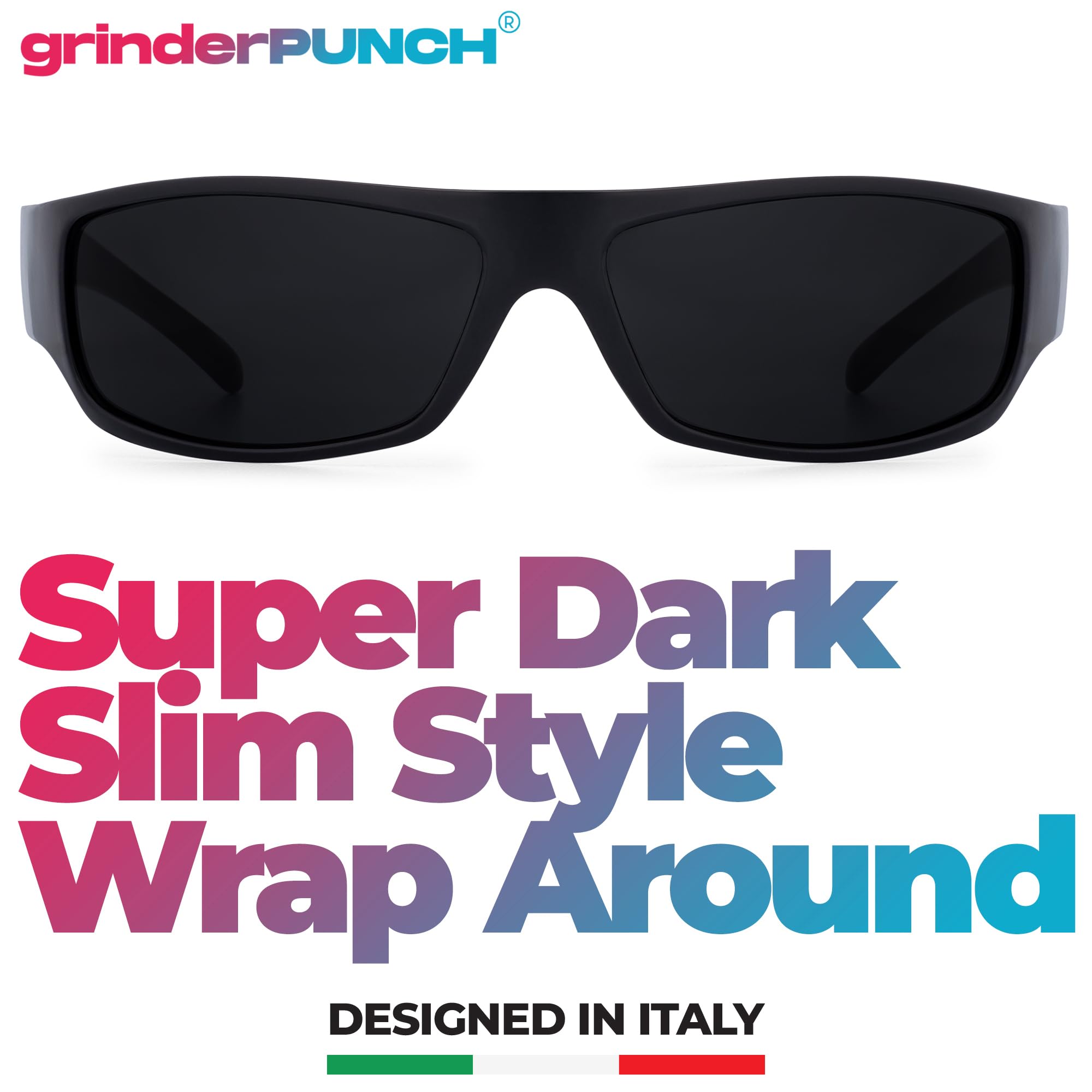 grinderPUNCH Mens Black Super Dark Sunglasses - Slim Wrap Around Gangster Style