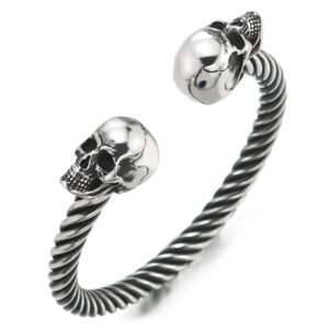 coolsteelandbeyond mens womens skull twisted cable cuff bangle bracelet, stainless steel, polished, elastic adjustable