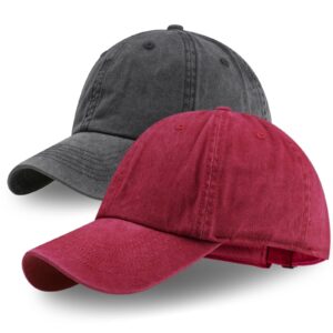 2 pack baseball caps golf dad hats,ajustable vintage washed cotton ball cap for men women(black+winered)