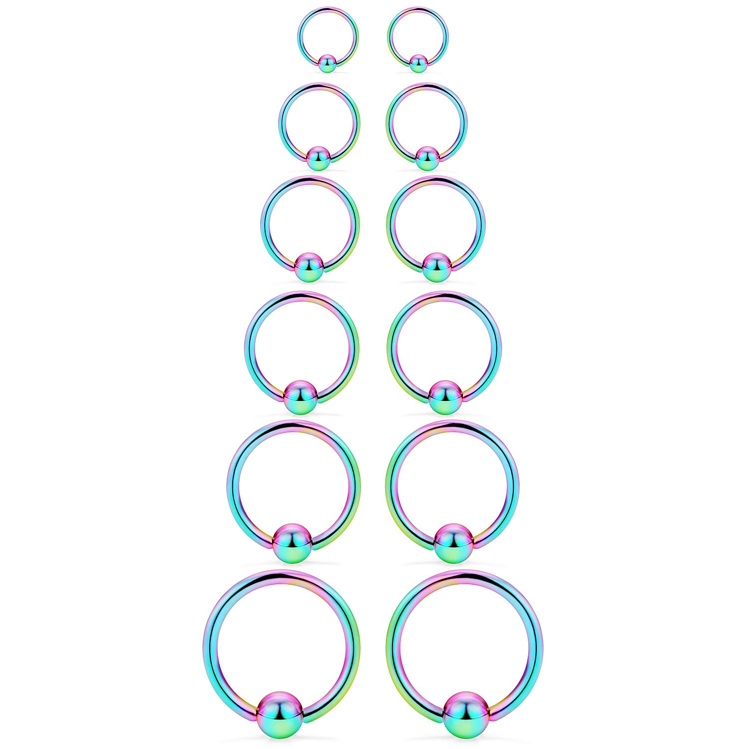 SCERRING 12PCS 14G Stainless Steel Captive Bead Ring Nose Rings Hoop Helix Daith Cartilage Tragus Earrings Nipple Eyebrow Body Piercing 8mm 10mm 12mm 14mm 16mm 19mm Rainbow