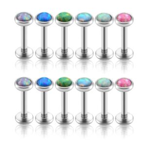 jovivi 12pcs 16g stainless steel created-opal monroe labret rings lip stud tragus cartilage piercing jewelry 8mm for men women