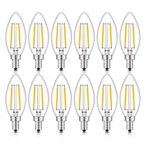 CRLight LED Candelabra Bulb 25W Equivalent 250 Lumens, 3000K Soft White 2W Filament LED Chandelier Light Bulbs, E12 Vintage Edison B11 Clear Glass Candle Bulbs, Non-dimmable Version, 12 Pack