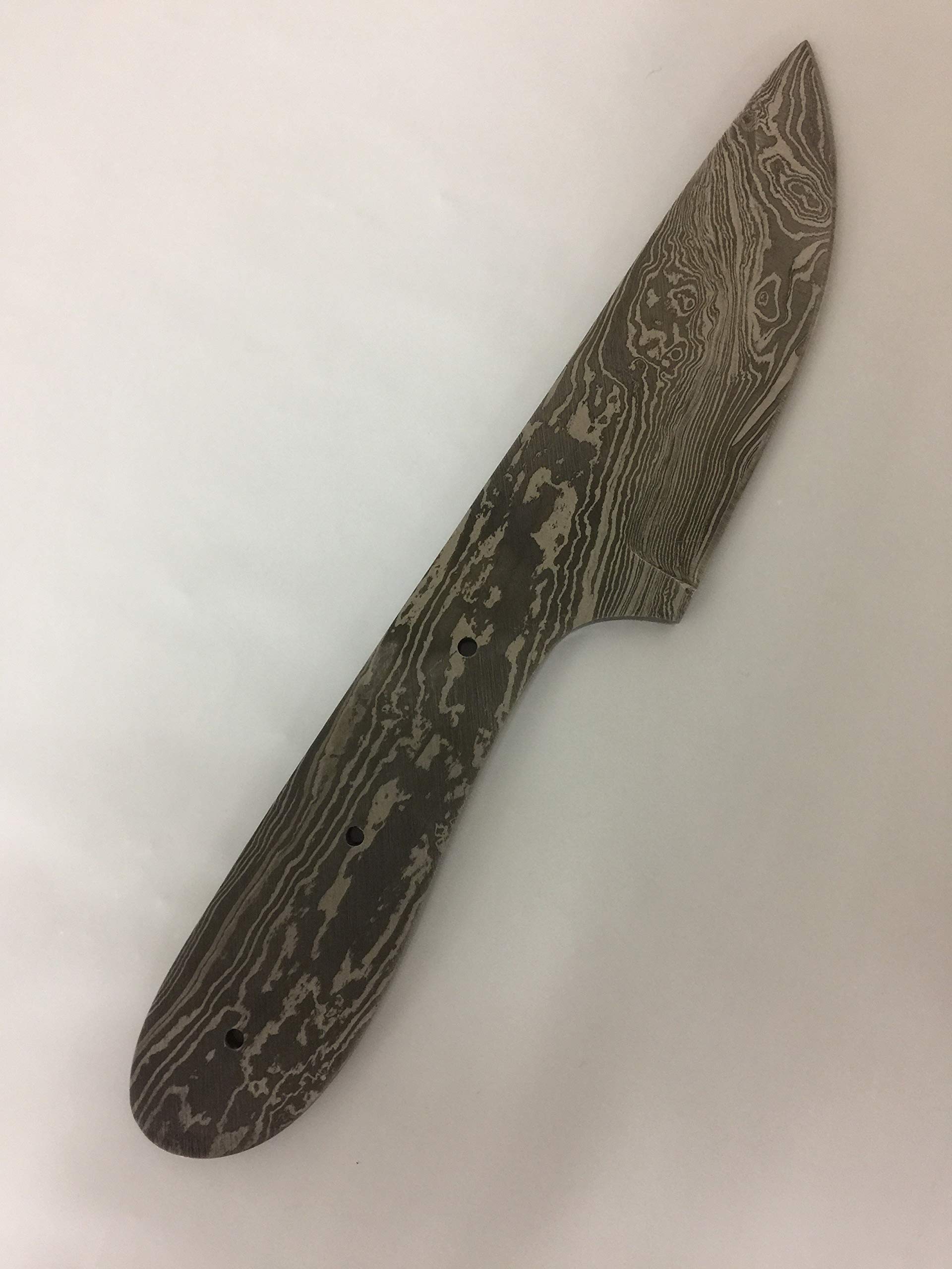 8 inches long hand forged Damascus steel straight back blank blade skinning knife with 3 pin hole. 3.5 inches cutting edge