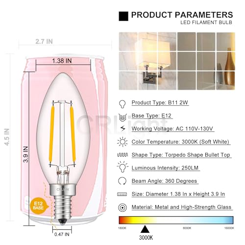 CRLight LED Candelabra Bulb 25W Equivalent 250 Lumens, 3000K Soft White 2W Filament LED Chandelier Light Bulbs, E12 Vintage Edison B11 Clear Glass Candle Bulbs, Non-dimmable Version, 12 Pack