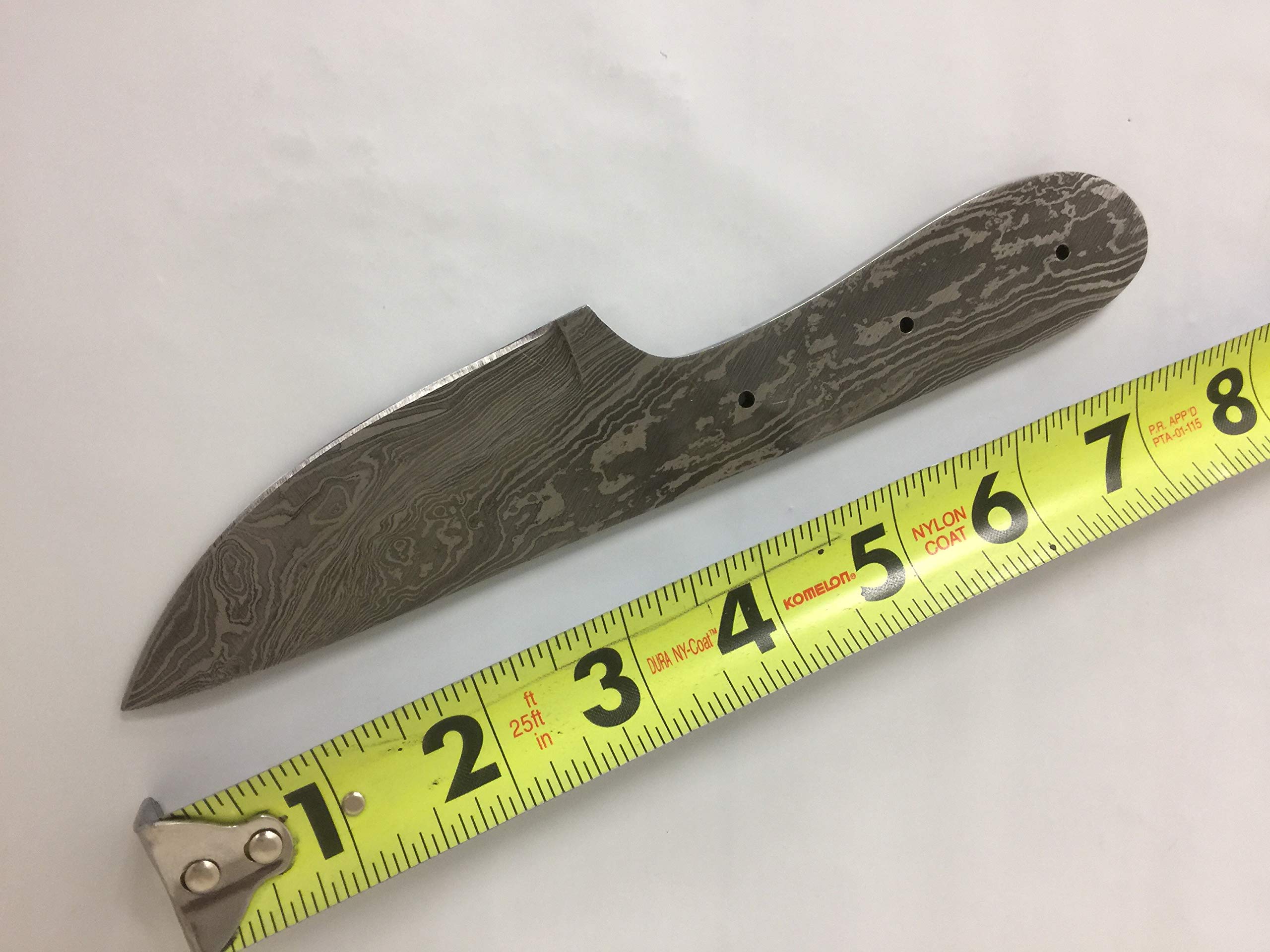 8 inches long hand forged Damascus steel straight back blank blade skinning knife with 3 pin hole. 3.5 inches cutting edge