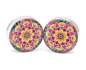 mystic metals body jewelry large gauge flower mandala style 2 picture plugs - sold as a pair (1-1/4" (32mm))