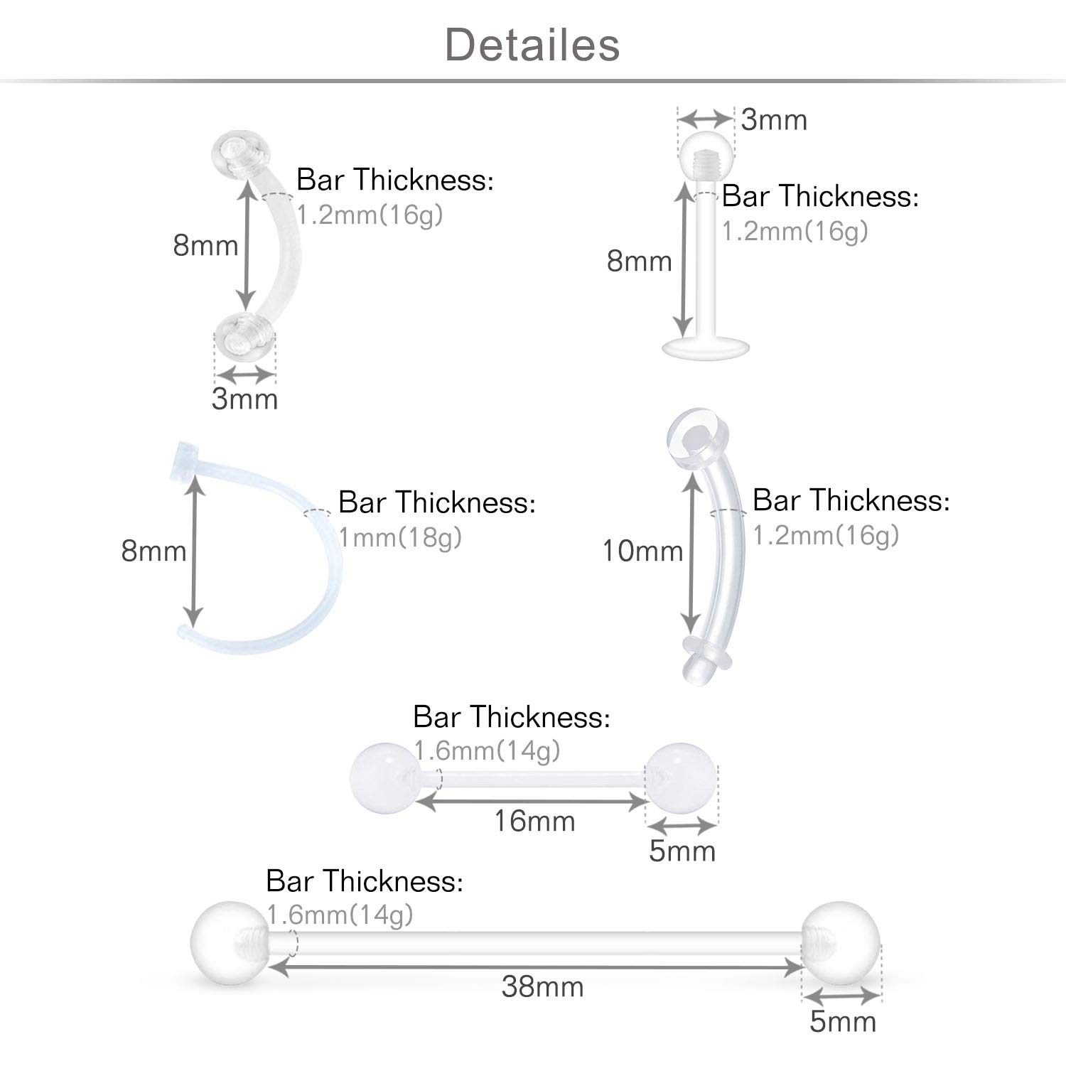 MODRSA Mix Set Clear Piercing Retainers Flexible Lip Ear Nose Studs Septum Eyebrow Tongue Rings Cartilage Tragus Earrings Retainer Bioflex Horseshoe Industrial Barbell 60pcs