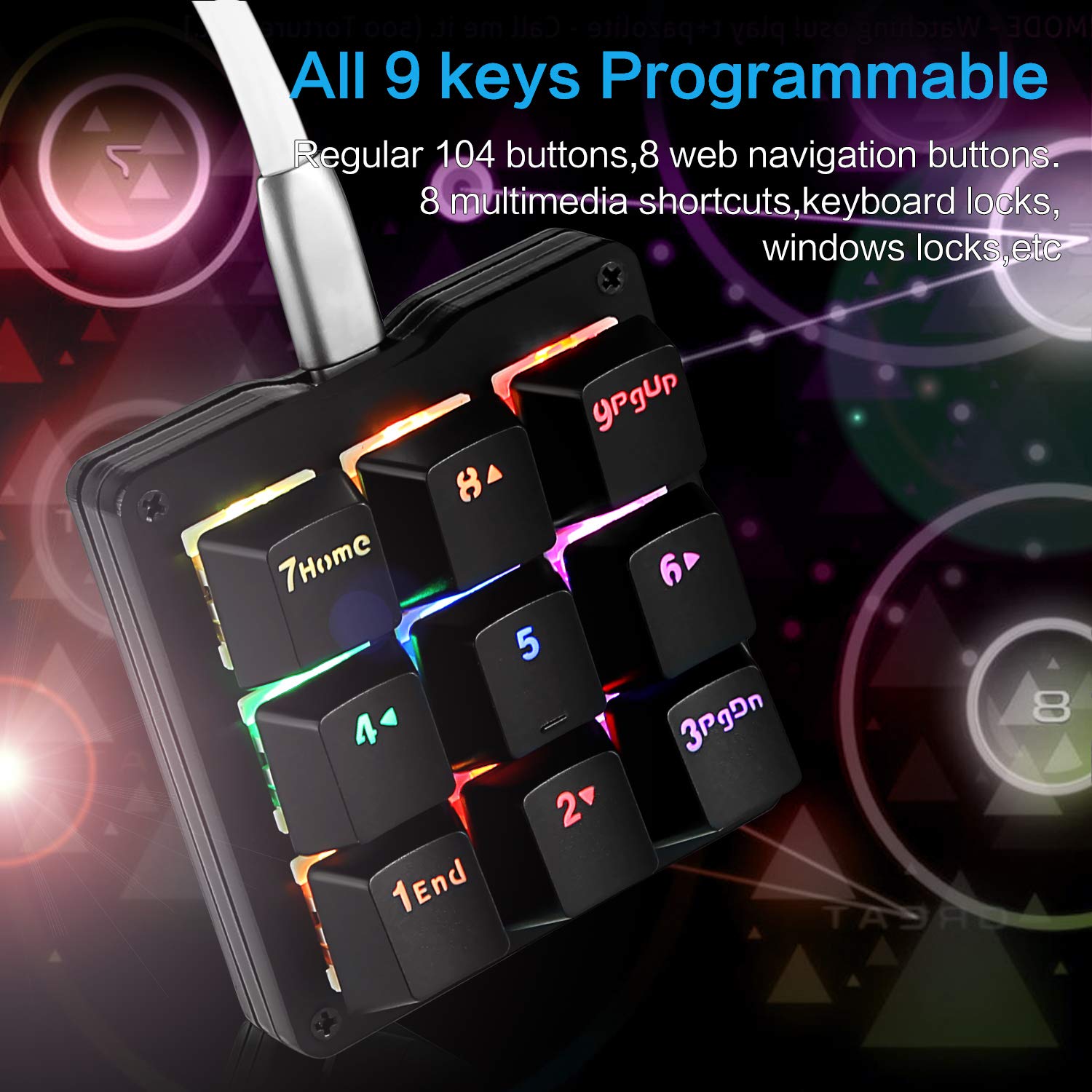 Koolertron One Handed Macro Mechanical Keyboard, RGB LED Backlit Portable Mini One-Handed Mechanical Gaming Keypad OSU! Keyboard 9 Fully Programmable Keys Blue Switches