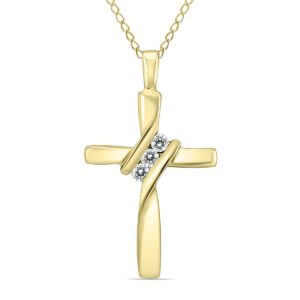 ags certified three stone diamond cross pendant in 10k yellow gold