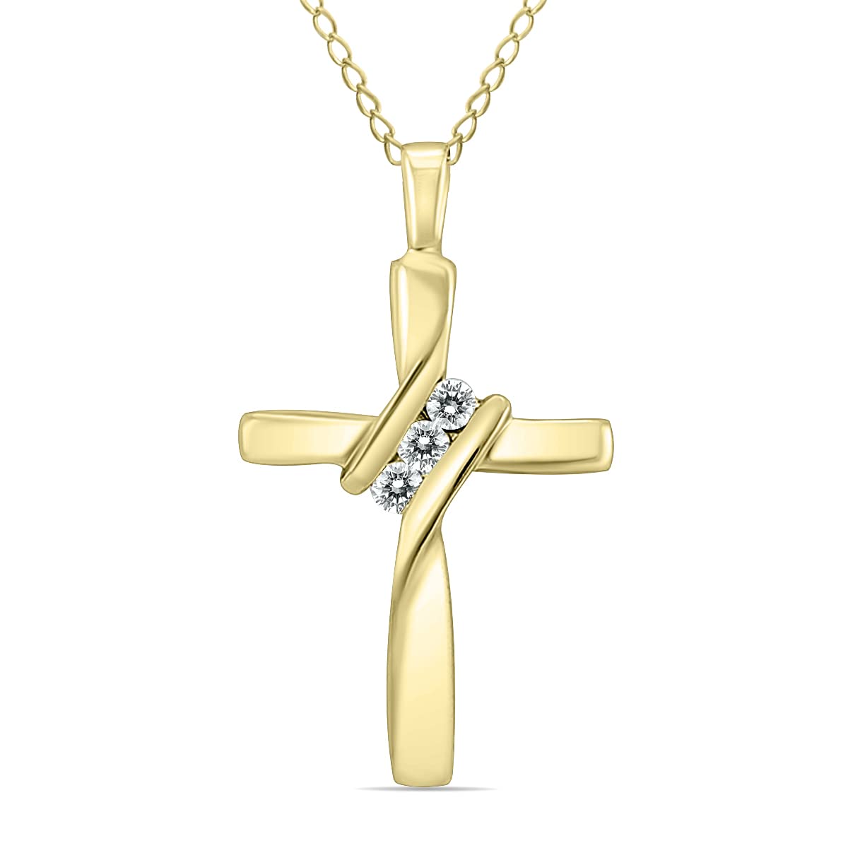 AGS Certified Three Stone Diamond Cross Pendant in 10K Yellow Gold