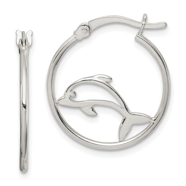 925 Sterling Silver Sea Dolphin Ocean Fish Beach Nautical Hoop Earrings