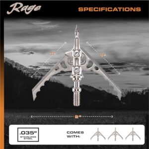 Rage Hypodermic NC 2-Blade 100gr Hunting Broadhead (R38100), Hybrid Tip, No Collar Blade Lock.035” Thick Swept-Back Angled Blades with a 2” Cutting Diameter, Machined Stainless Steel Ferrule, 3-Pack