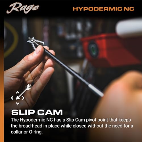 Rage Hypodermic NC 2-Blade 100gr Hunting Broadhead (R38100), Hybrid Tip, No Collar Blade Lock.035” Thick Swept-Back Angled Blades with a 2” Cutting Diameter, Machined Stainless Steel Ferrule, 3-Pack