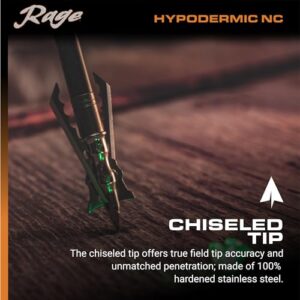 Rage Hypodermic NC 2-Blade 100gr Hunting Broadhead (R38100), Hybrid Tip, No Collar Blade Lock.035” Thick Swept-Back Angled Blades with a 2” Cutting Diameter, Machined Stainless Steel Ferrule, 3-Pack