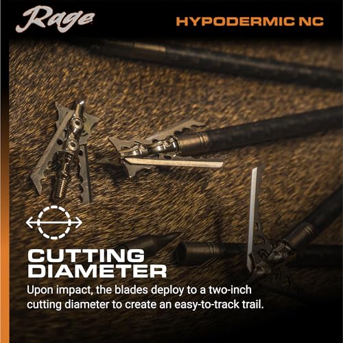 Rage Hypodermic NC 2-Blade 100gr Hunting Broadhead (R38100), Hybrid Tip, No Collar Blade Lock.035” Thick Swept-Back Angled Blades with a 2” Cutting Diameter, Machined Stainless Steel Ferrule, 3-Pack