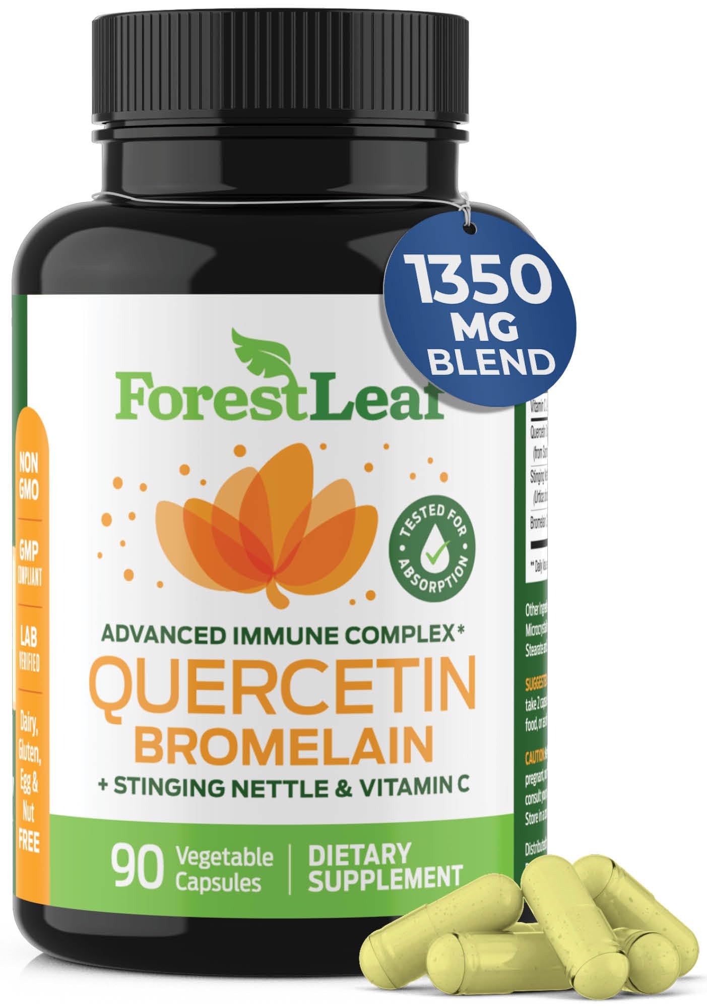 ForestLeaf - Quercetin 500mg - Quercetin with Bromelain, Vitamin C & Stinging Nettle 90 Veggie Capsules - Advanced Quercetin Supplement - Natural Immune & Normal Respiratory Function