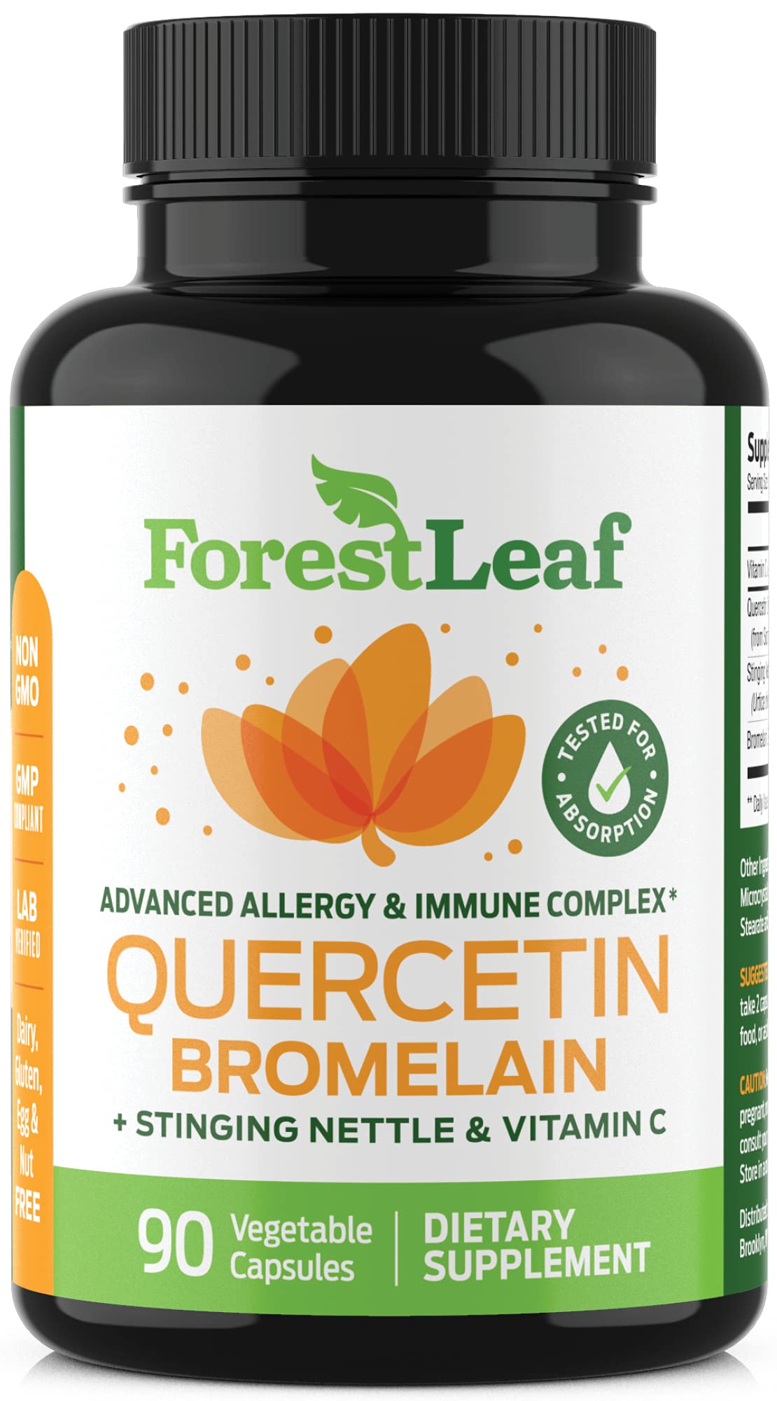 ForestLeaf - Quercetin 500mg - Quercetin with Bromelain, Vitamin C & Stinging Nettle 90 Veggie Capsules - Advanced Quercetin Supplement - Natural Immune & Normal Respiratory Function