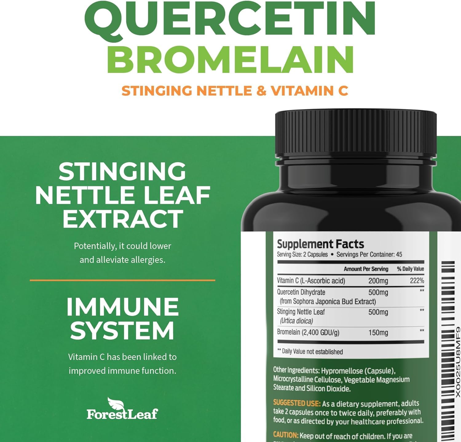 ForestLeaf - Quercetin 500mg - Quercetin with Bromelain, Vitamin C & Stinging Nettle 90 Veggie Capsules - Advanced Quercetin Supplement - Natural Immune & Normal Respiratory Function