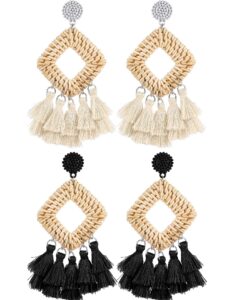 meekoo 2 pairs rattan tassel earrings bohemian statement woven dangle fringe earrings ethnic tassel drop earrings vintage jewelry for women (black and white)