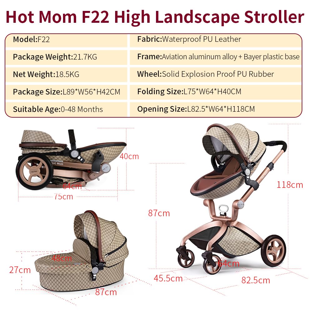 Hot Mom Baby Stroller: Baby Carriage with Adjustable Seat Height Angle and Four-Wheel Shock Absorption,Reversible，High Landscape and Fashional Pram (Grid)