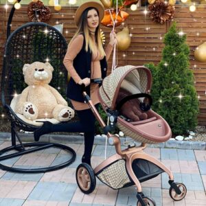 Hot Mom Baby Stroller: Baby Carriage with Adjustable Seat Height Angle and Four-Wheel Shock Absorption,Reversible，High Landscape and Fashional Pram (Grid)