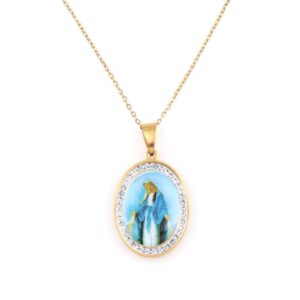 ywli miraculous medal, virgin mary necklace, religious gifts for women, golden stainless steel necklace inlaid zircon pendant, fashion religious jewelry, gifts for women