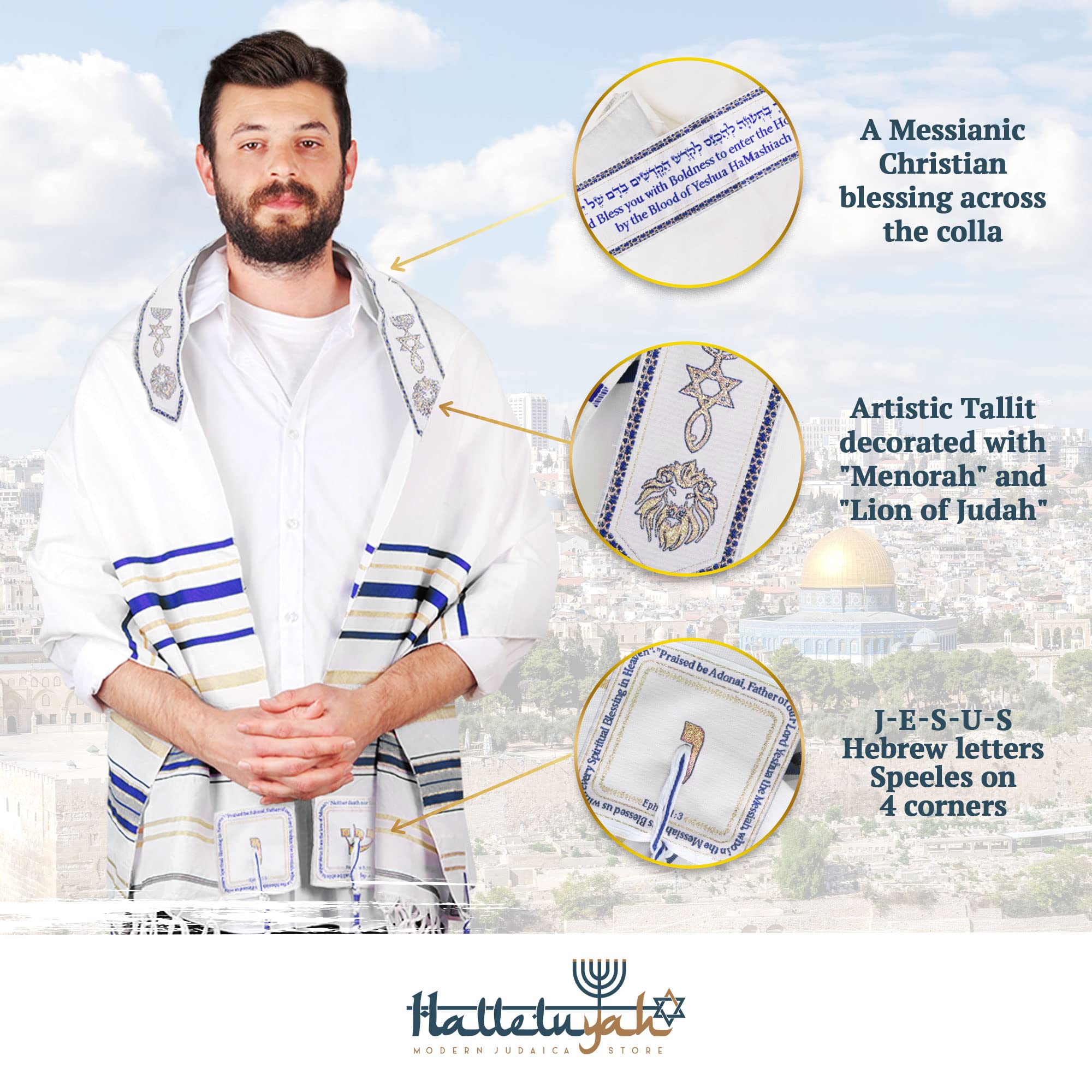 HalleluYAH Messianic Tallit Prayer Shawl 72"x 22" with Bag For Men & Women | Designed in Israel