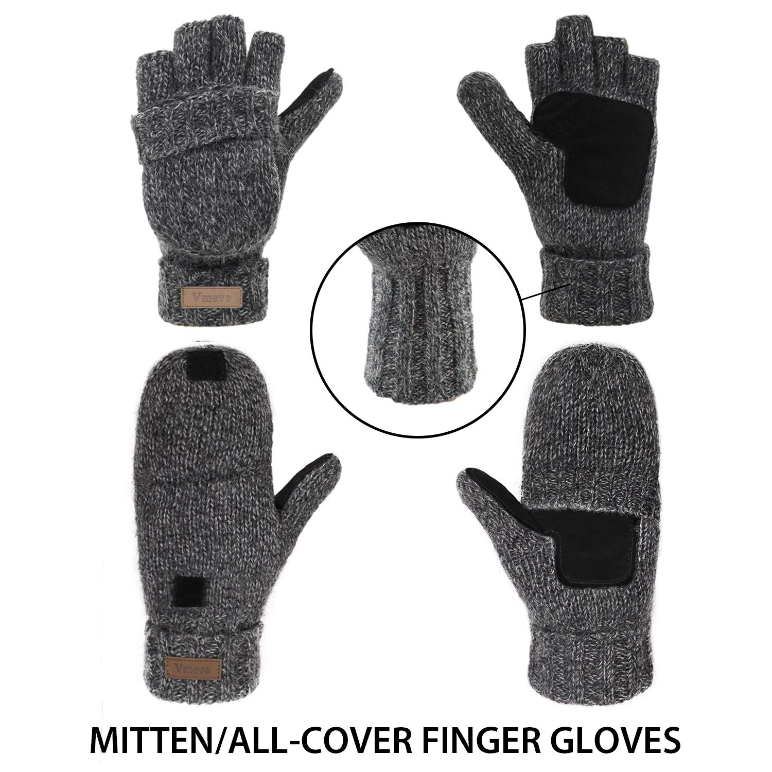 ViGrace Winter Knitted Convertible Fingerless Gloves Wool Mittens Warm Mitten Glove for Women and Men