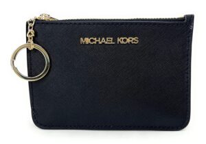 michael kors jet set travel small top zip coin pouch with id holder in saffiano leather (black with gold hardware)