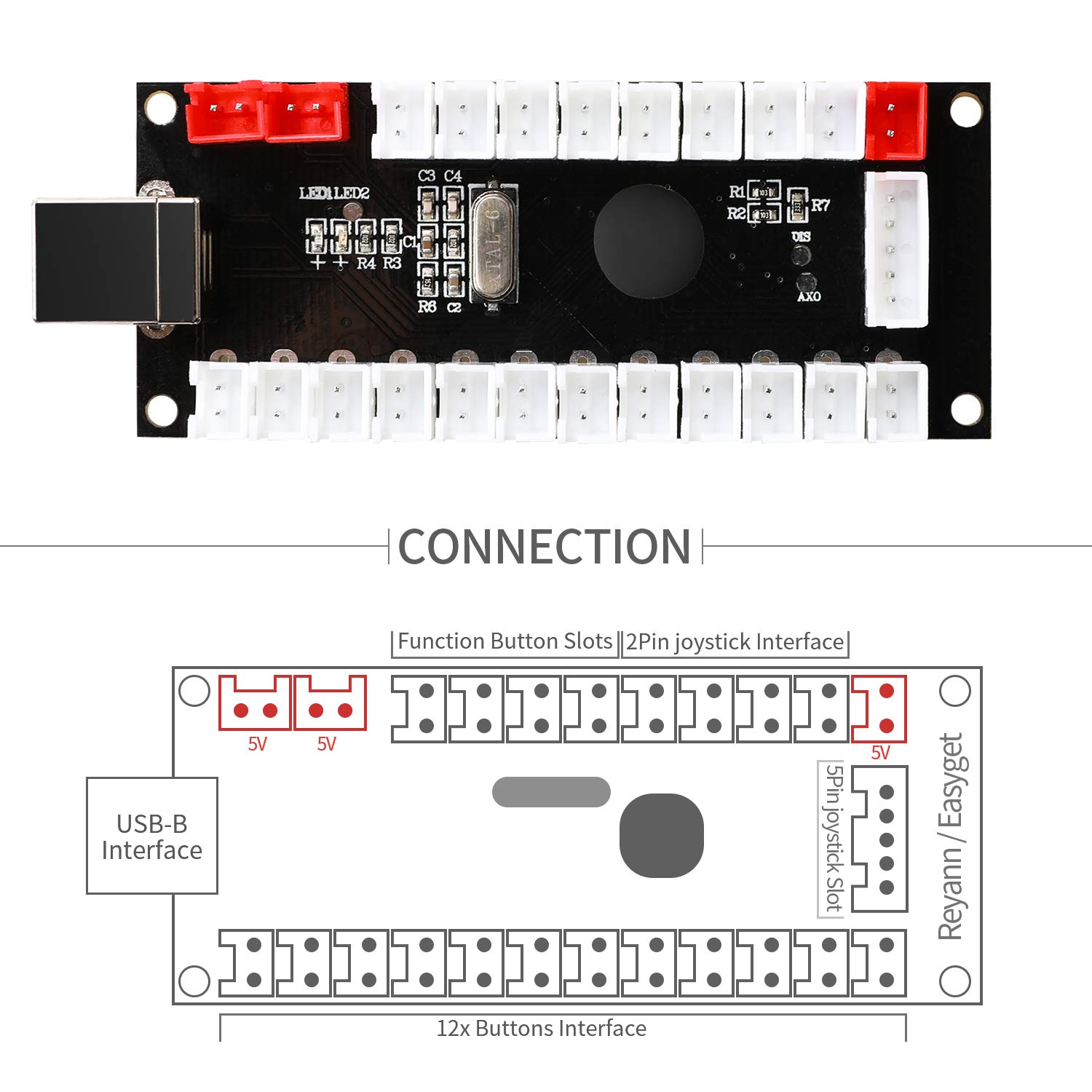 Guwarry 2-Player Zero Delay USB Encoder PC to HAPP Joysticks/HAPP Arcade Buttons for PC, MAME, Raspberry Pi, Arcade1Up - Three 5V Power Output for led Joysticks/LED Daisy Chain/LED Arcade Buttons