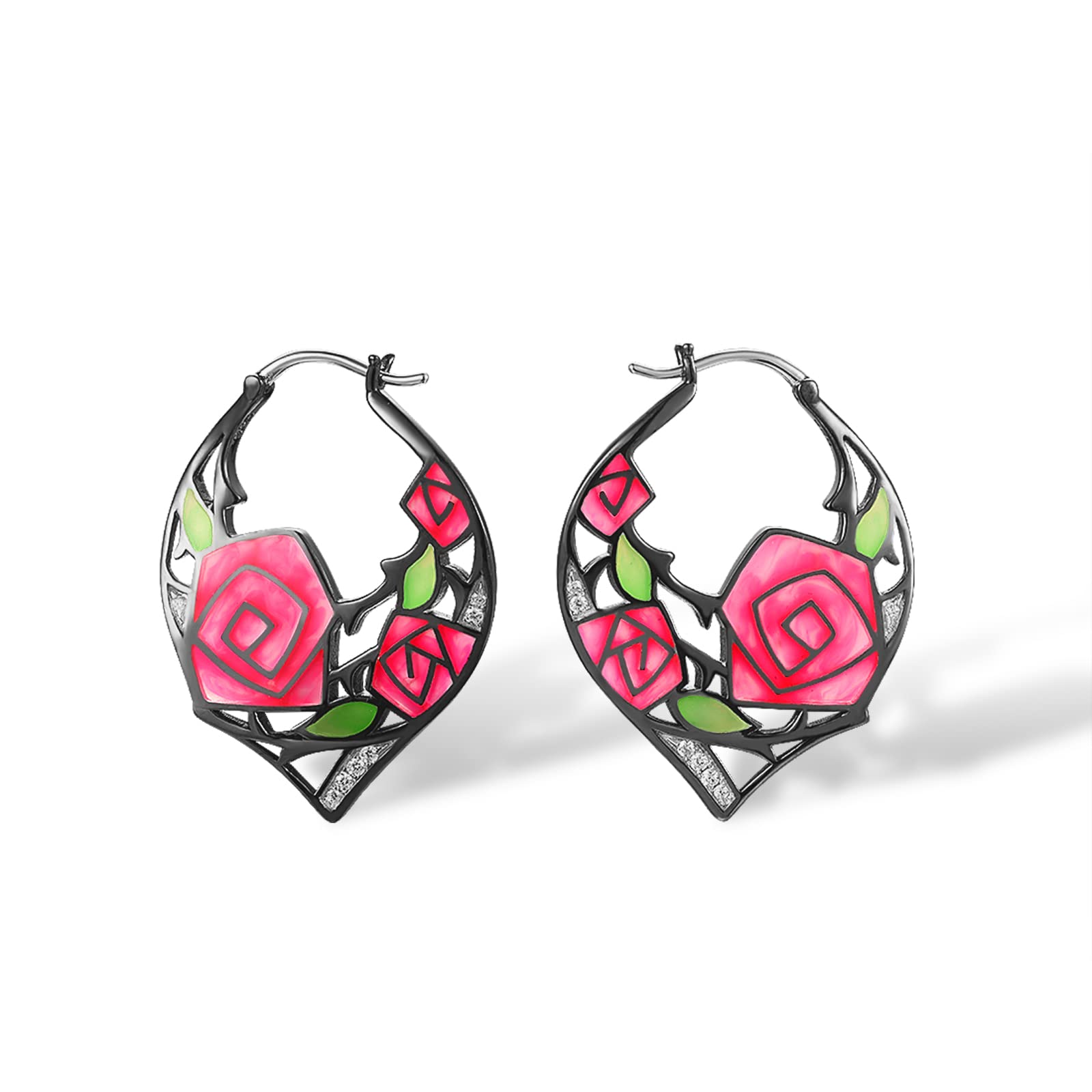 Santuzza Rose Earrings 925 Sterling Silver Handmade Enamel Flower Hoop Earrings for Women