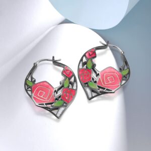 Santuzza Rose Earrings 925 Sterling Silver Handmade Enamel Flower Hoop Earrings for Women