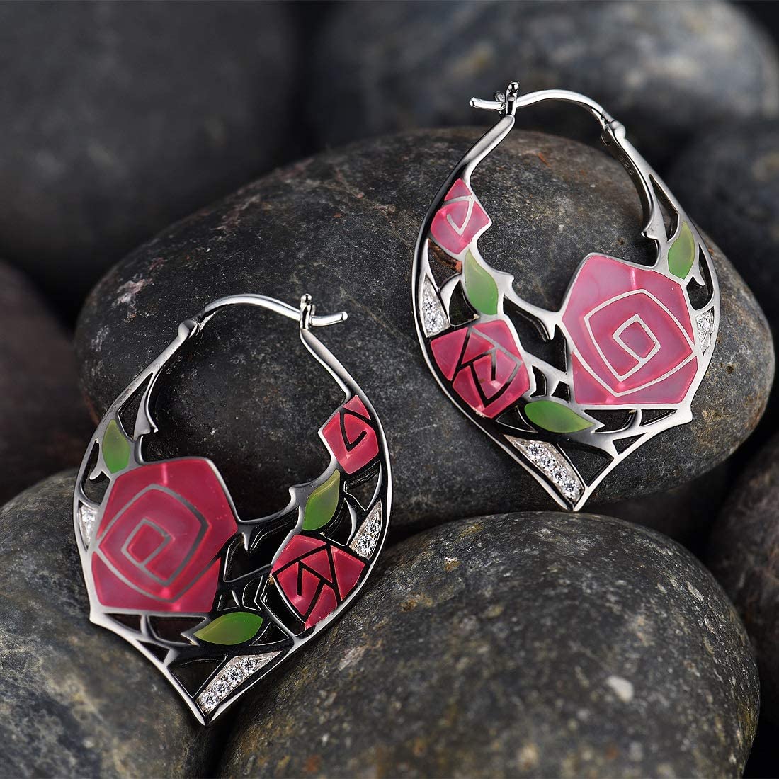 Santuzza Rose Earrings 925 Sterling Silver Handmade Enamel Flower Hoop Earrings for Women