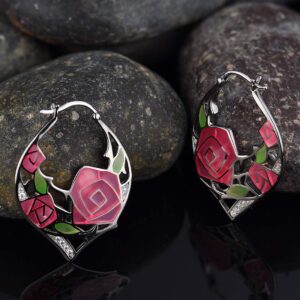 Santuzza Rose Earrings 925 Sterling Silver Handmade Enamel Flower Hoop Earrings for Women