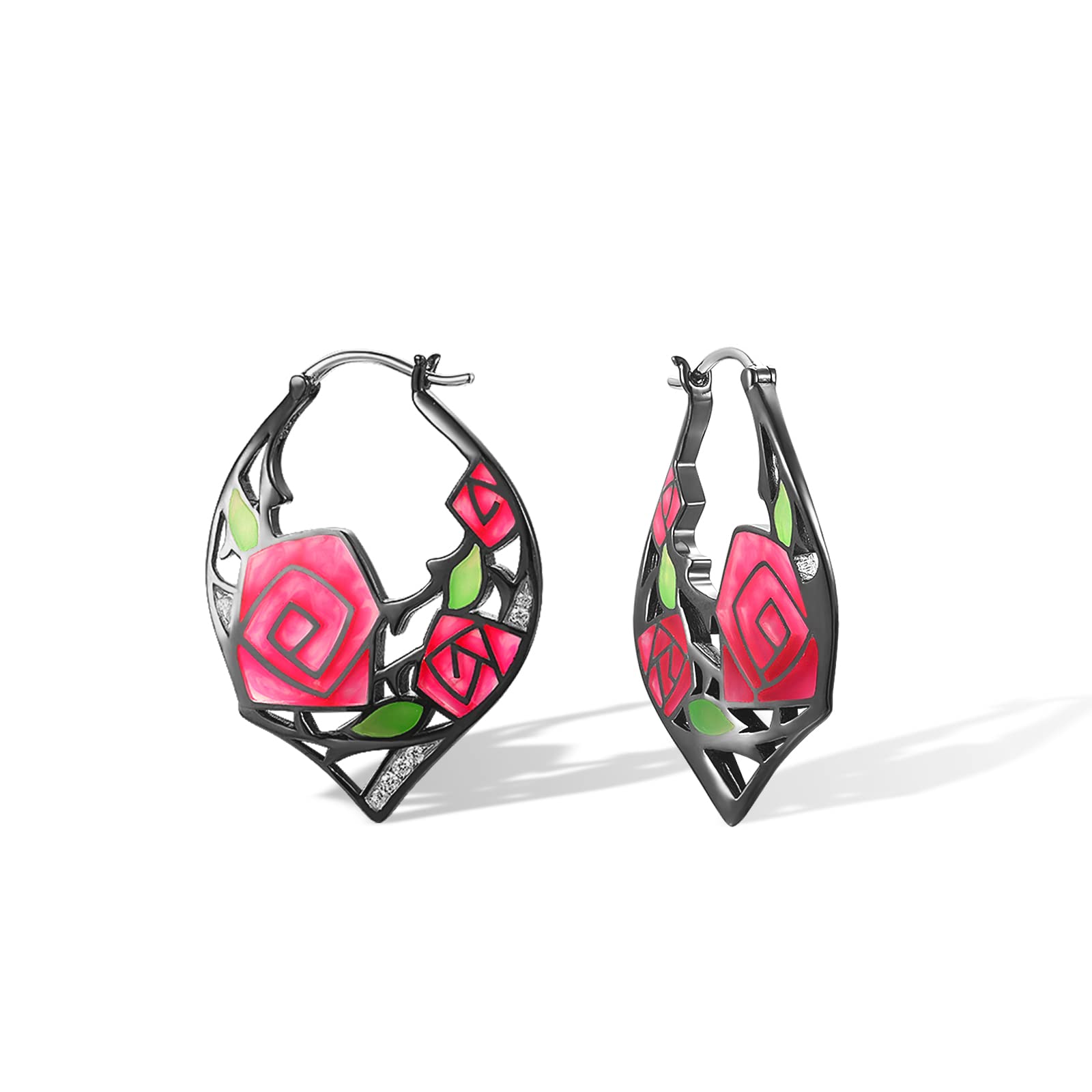 Santuzza Rose Earrings 925 Sterling Silver Handmade Enamel Flower Hoop Earrings for Women