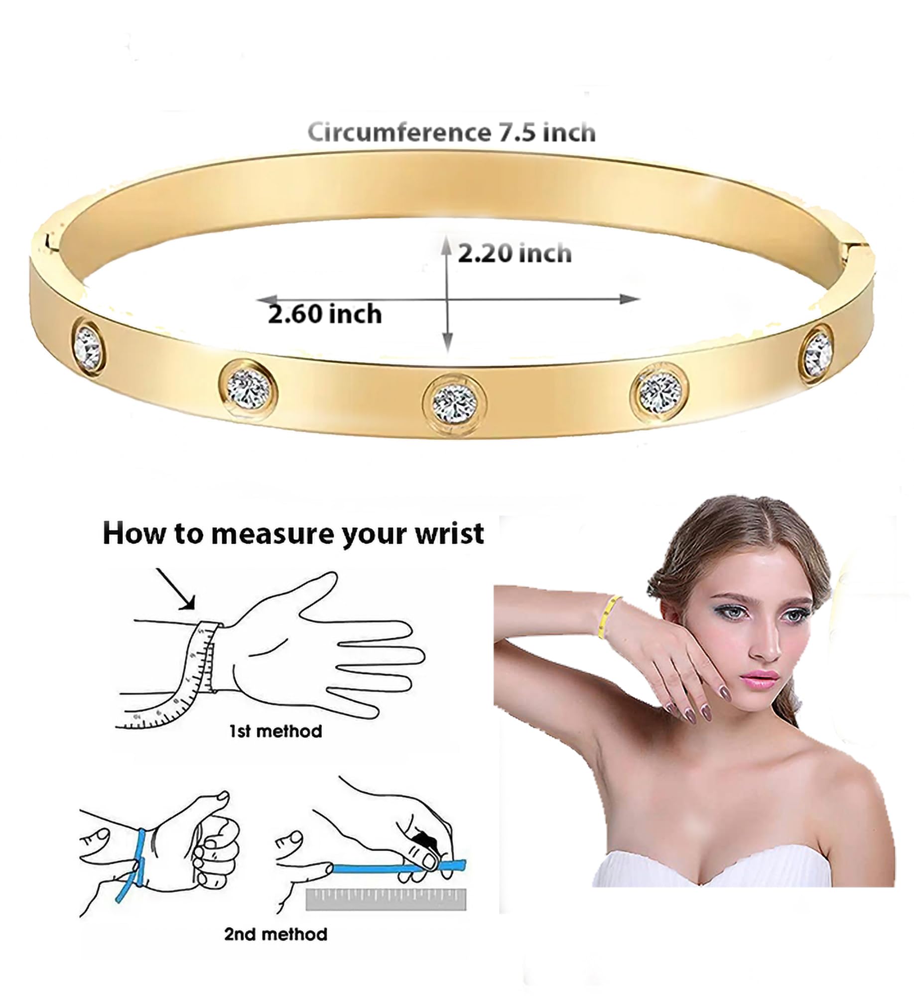 VPKJewelry Stainless Steel for Women Men Bracelet Bangle Yellow 18k Gold Plated Diamonique CZ stone crystal (Gold, 7.50)