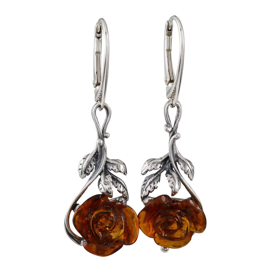 Sterling Silver and Baltic Honey Amber Leverback Earrings Open Rose