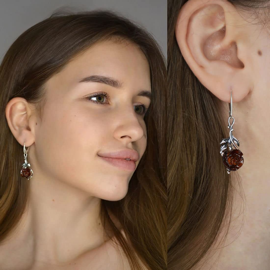 Sterling Silver and Baltic Honey Amber Leverback Earrings Open Rose