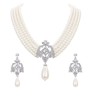 ever faith 1920s gatsby jewelry set for party, crystal 4 layers simulated pearl vintage inspired chandelier necklace earrings sets for woman