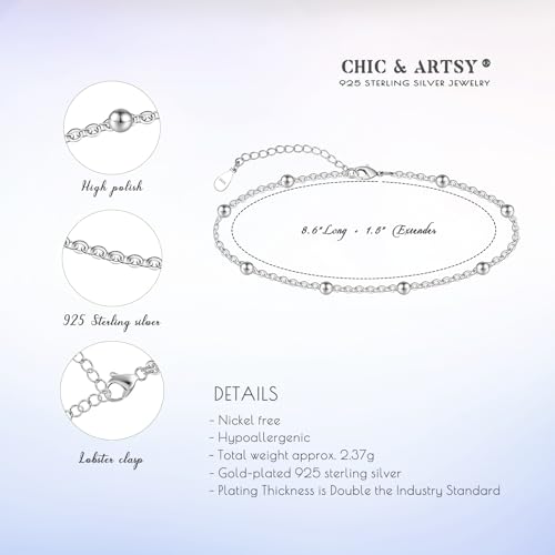 CHIC & ARTSY Ankle Bracelets 925 Sterling Silver Beaded Chain Anklets for Women Simple Foot Jewelry