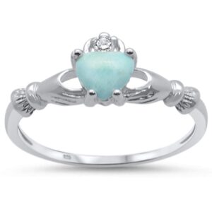 closeoutwarehouse natural larimar and clear cubic zirconia claddagh ring sterling silver size 5