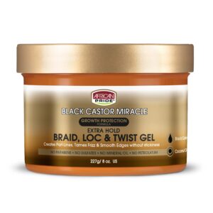 african pride black castor miracle extra hold braid, loc, twist gel, tames frizz & edges, no parabens, sulfates, mineral oil or petrolatum, contains black castor & coconut oil