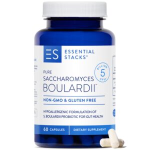 essential stacks saccharomyces boulardii probiotics (non-gmo & gluten free) - 5 billion cfus for gut health (60 capsules)