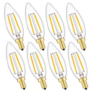 omaykey 2w led candelabra bulb 25w equivalent 2700k warm white 250 lumens, e12 base antique edison clear glass c32 candle bulbs, dimmable led chandelier light bulbs, 8 pack