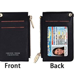 Small Wallets for Women Slim Leather Card Case Holder Wallet Coin Change Purse with Keychain (Black)