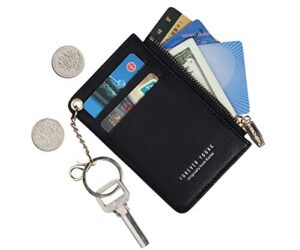 small wallets for women slim leather card case holder wallet coin change purse with keychain (black)