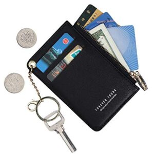 Small Wallets for Women Slim Leather Card Case Holder Wallet Coin Change Purse with Keychain (Black)