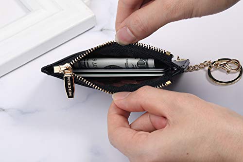 Small Wallets for Women Slim Leather Card Case Holder Wallet Coin Change Purse with Keychain (Black)