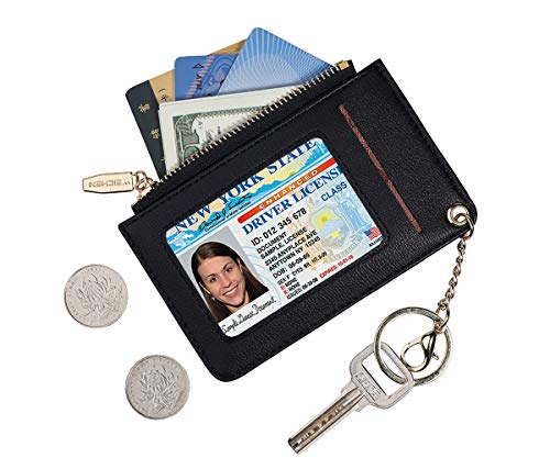 Small Wallets for Women Slim Leather Card Case Holder Wallet Coin Change Purse with Keychain (Black)